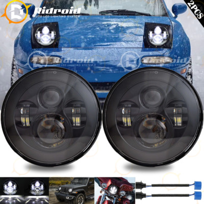 Pair 7'' Round LED Headlights HIGH-LOW BEAM For 1990-97 Mazda NA Miata ...