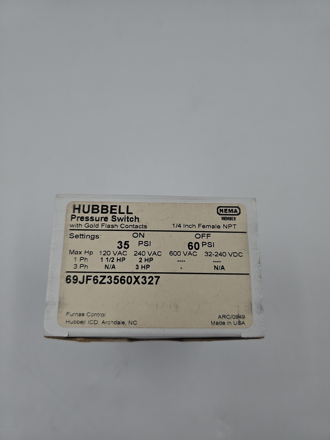 Hubbell 69JF6Z3560X327 Air Compressor Pressure Switch 35psi ON - 60psi ...