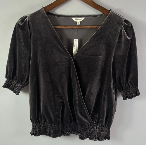 NWT Madewell Women's Velvet Smocked Crossover Top in Dark Metal Women's ...