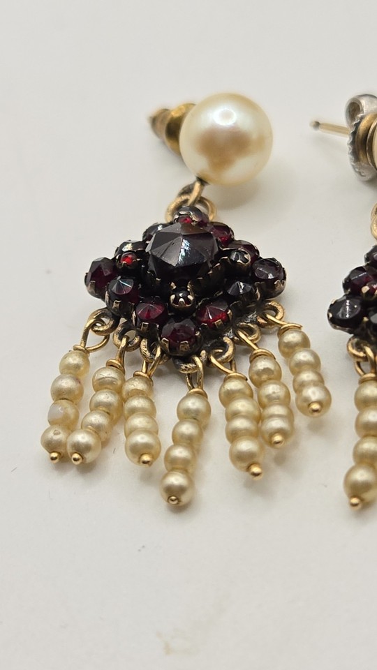 Antique 14K Gold Bohemian Garnet Cluster Seed Pearl Fringe Dangle ...