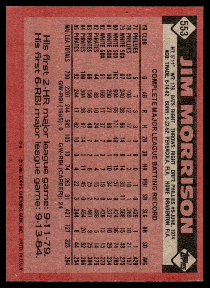 1986 Topps Baseball Card Jim Morrison A Pittsburgh Pirates #553 | eBay