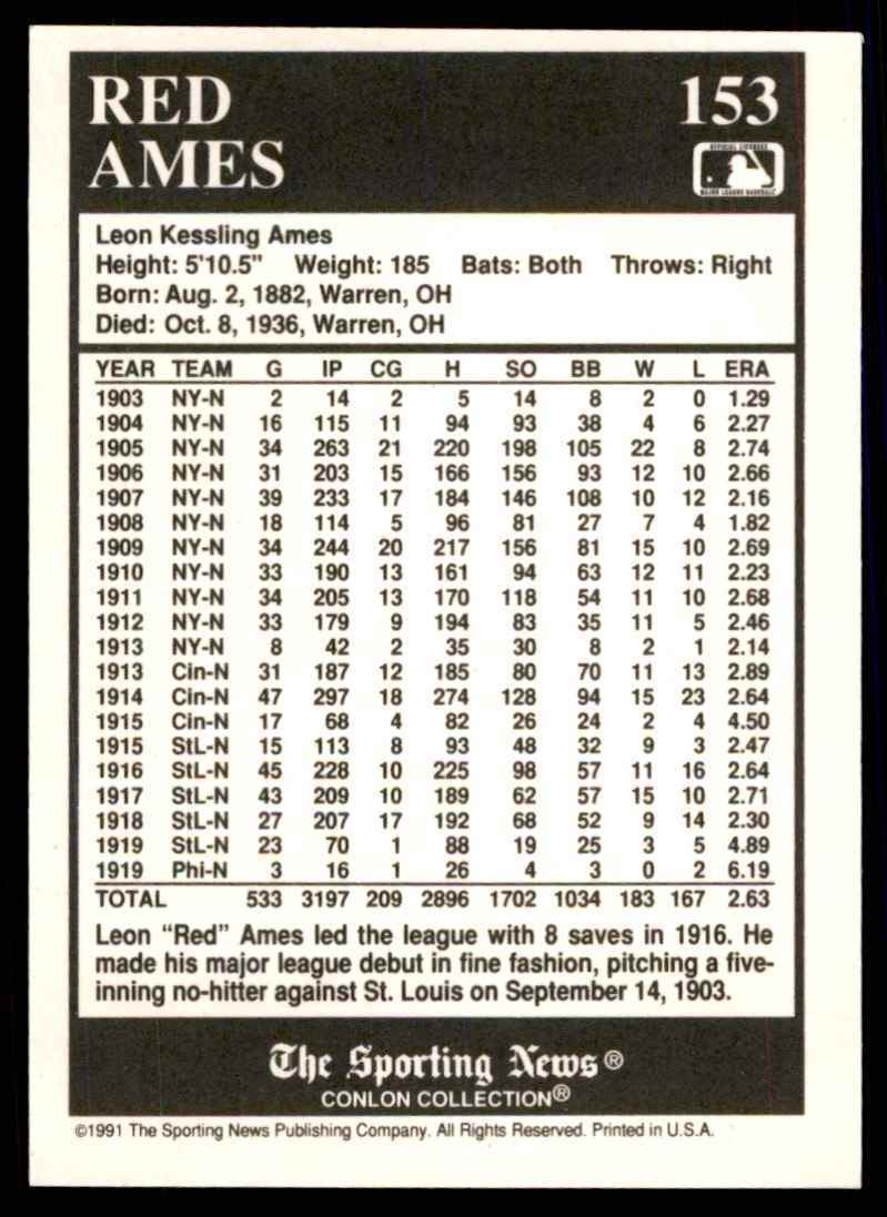 1991 The Sporting News Conlon Collection Red Ames Baseball Cards #153 ...