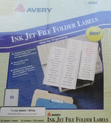 #8366 AVERY INK JET WHITE FILE FOLDER LABELS 1/3 CUT LABELS 750 FREE ...