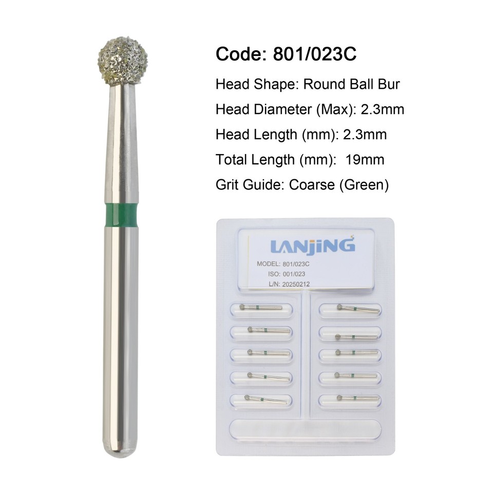 Multi-Use Diamond Burs Round Dental 801/023C FG Coarse Grit Green ...