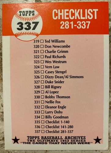 Topps Baseball Archives 1953 Series Checklist Cards 1-337 Set | eBay
