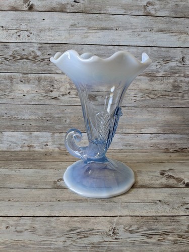 Vintage Duncan & Miller Blue Opalescent Vase Three Feathers Cornucopia ...