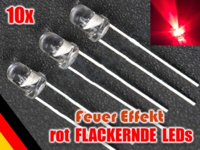 10 Stück Flacker LED 3mm rot Flackerlicht für Lagerfeuer Feuer Kerzen ...