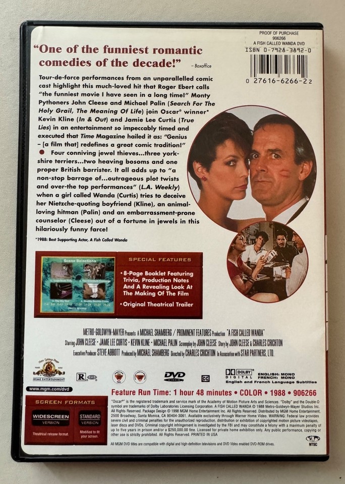 A Fish Called Wanda DVD, booklet, case, Cleese, Curtis, Kline, Palin ...