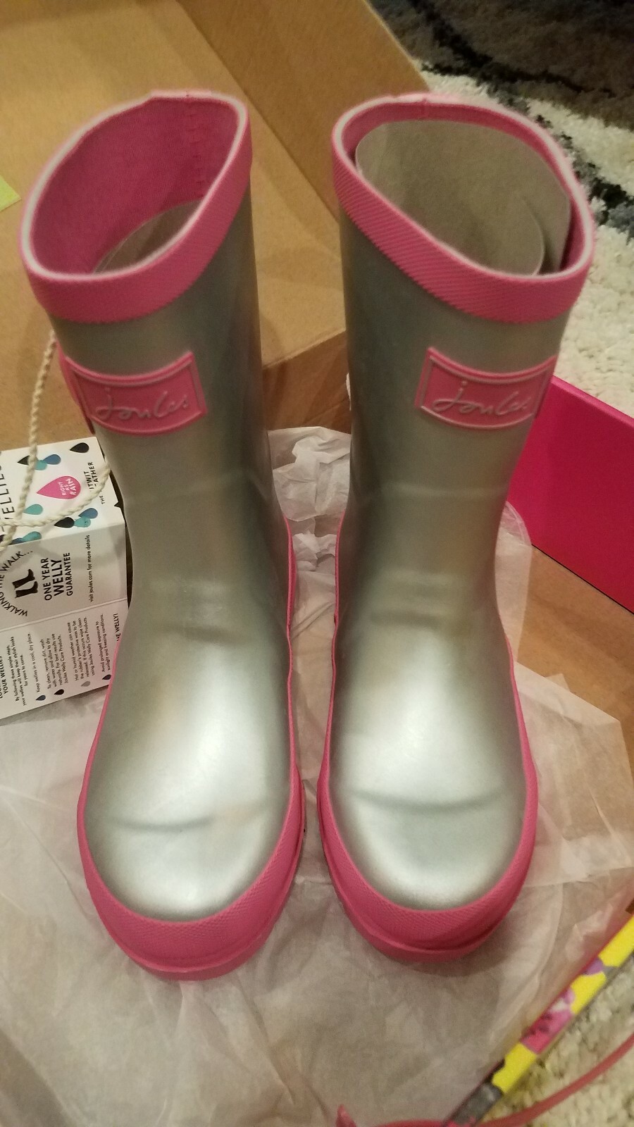 Joules size 12 New Wellies Rain Boots Silver Pink Shoes | eBay