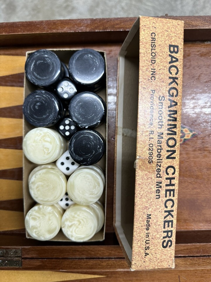 Vintage CRISLOID Backgammon Set Black & Ivory Swirl Pieces Complete 1.5 ...