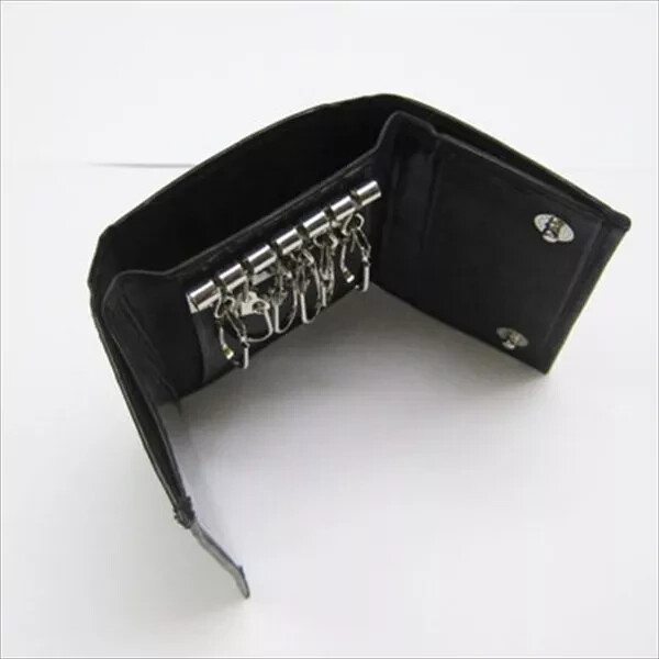 Black Men's Genuine Leather KeyChain Holder Trifold Wallet Key Ring ...