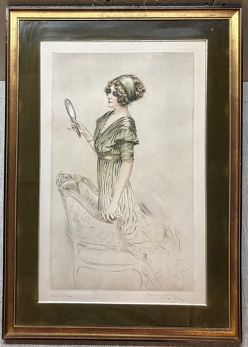 Original 1912 MAURICE MILLIERE 'Contemplate Lady' w Mirror SIGNED Color Etching | eBay