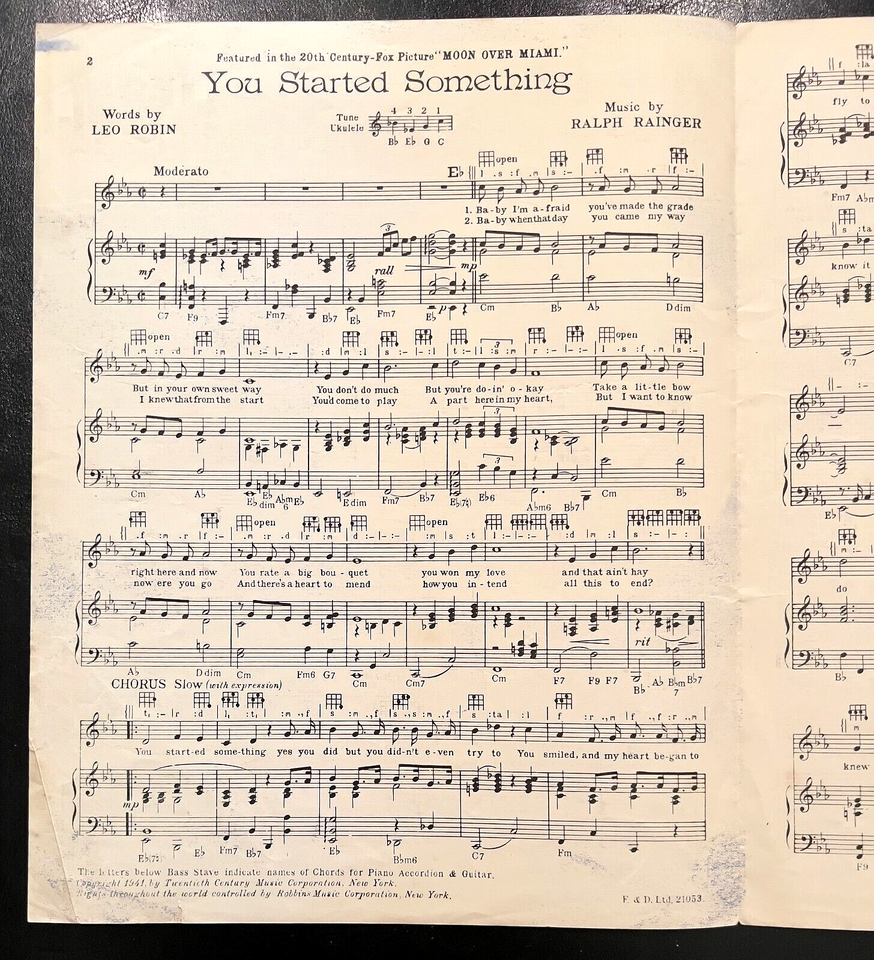 'YOU STARTED SOMETHING' MOON OVER MIAMI ORIG SHEET MUSIC, BETTY GRABLE | eBay