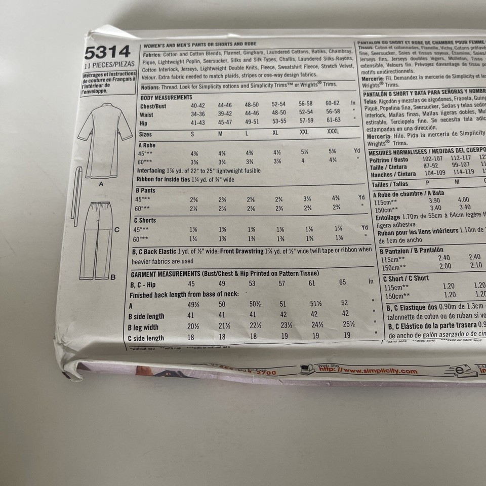 Simplicity 5314 Sz XL-XXL His & Hers 2-Hour Pajama Pants, Robe UNCUT ...