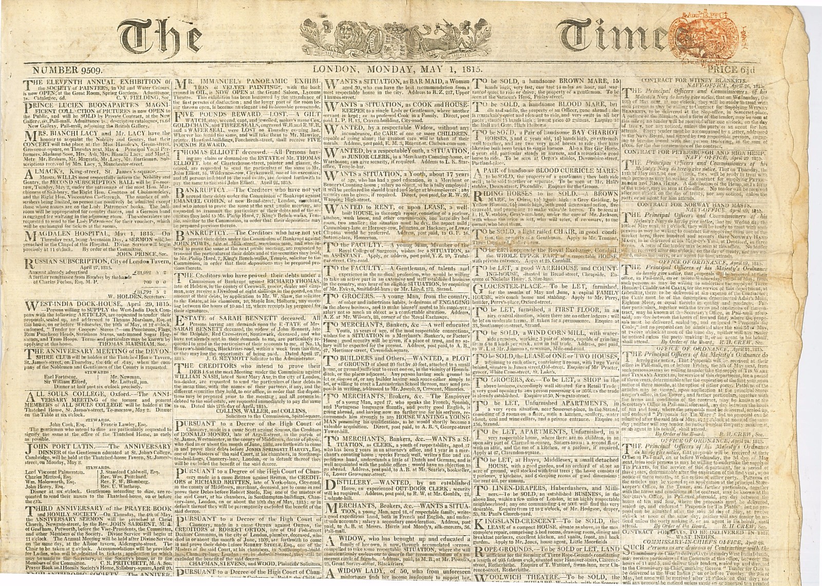 Napoleonic Wars Waterloo Times Paper 1815 Complete and Original ...