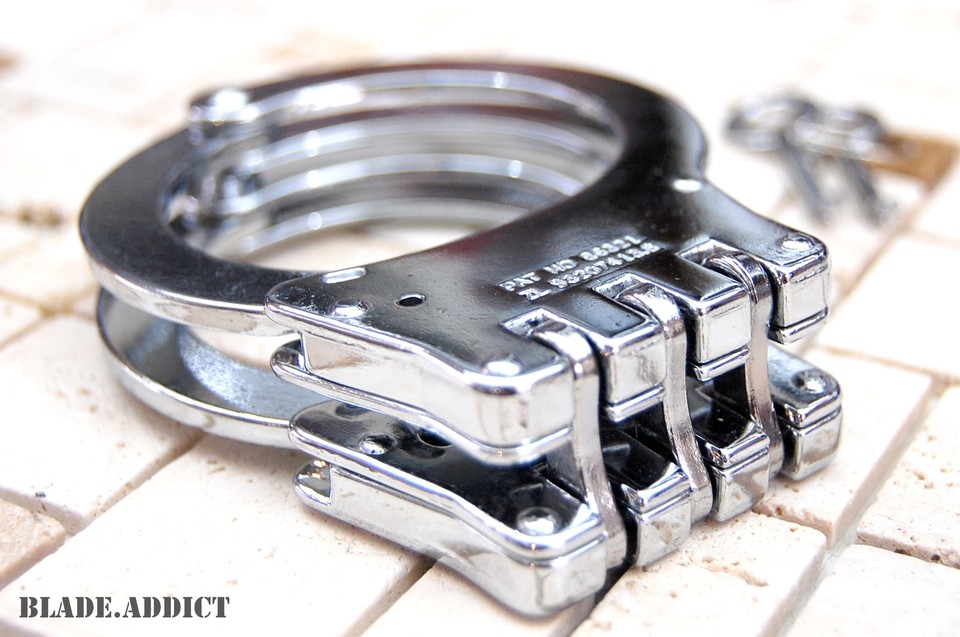NEW CHROME STEEL HINGED DOUBLE LOCK SECURITY HAND CUFFS W/ KEYS Heavy ...