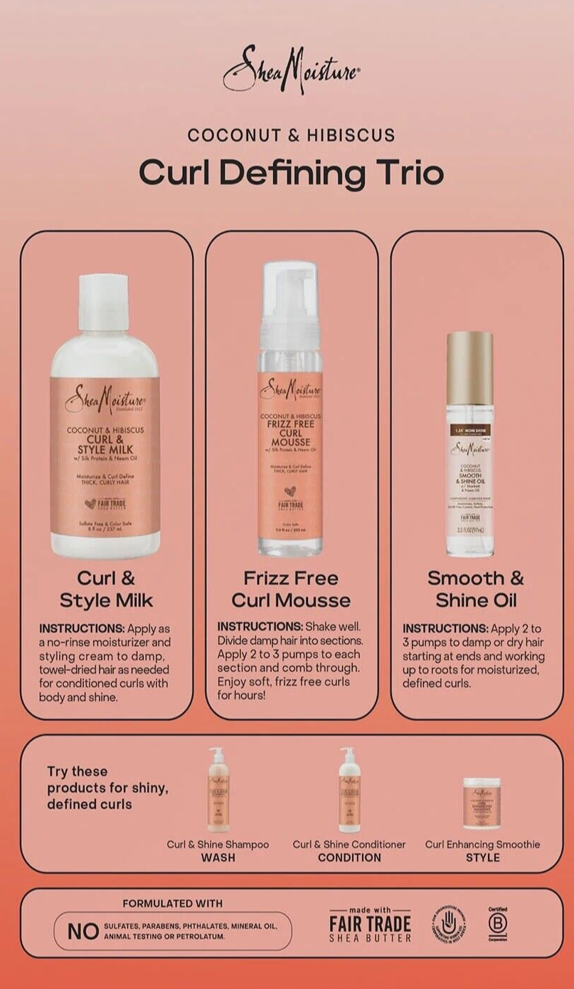 Shea Moisture Styling Set Mousse, Smooth Shine Oil, Curl Style Milk, 3 ...