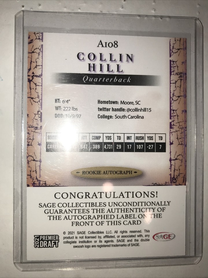 2021 SAGE Premier Draft #A108 Collin Hill Autographs Red | eBay