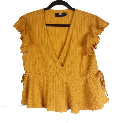 MINKPINK Gold Orange Short Flutter Sleeve V Neck Top with Ties on Sides ...