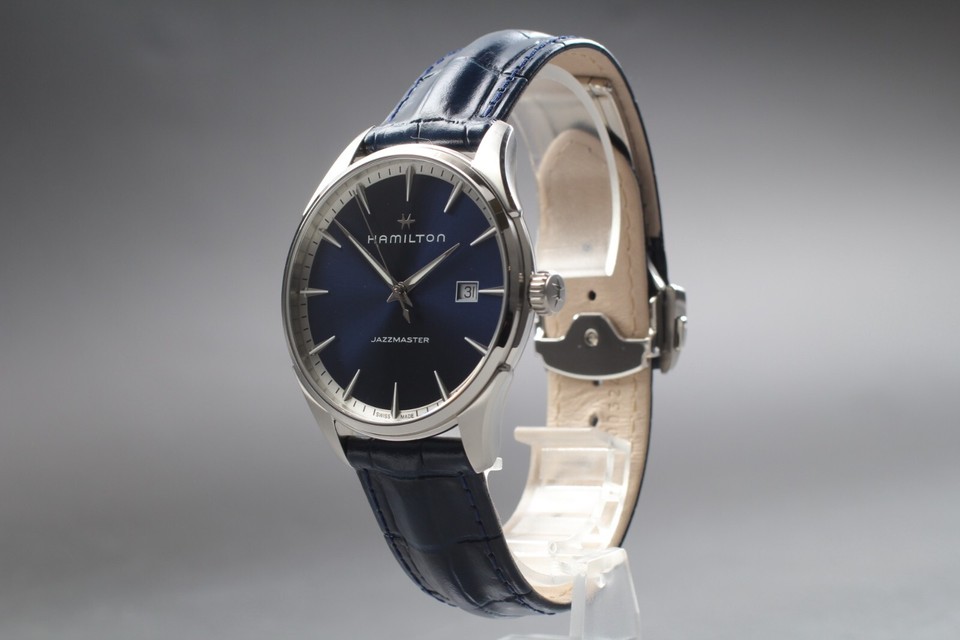 [TOP MINT in BOX] HAMILTON JAZZMASTER H324510 Blue Mens Qz Watch From ...