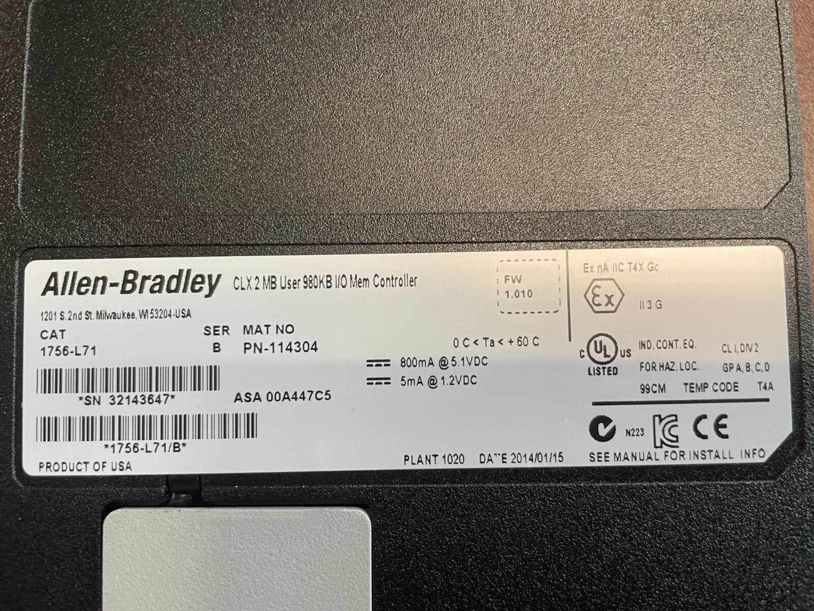 A-B 1756-L71 /B, ControlLogix Processor Module 2MB, PLC | eBay