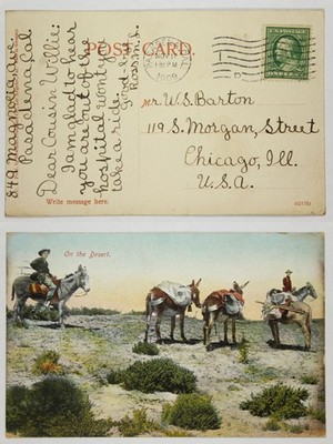 1909 On Desert Men Riding Donkeys Mules Pack Animals Pasadena CA ...