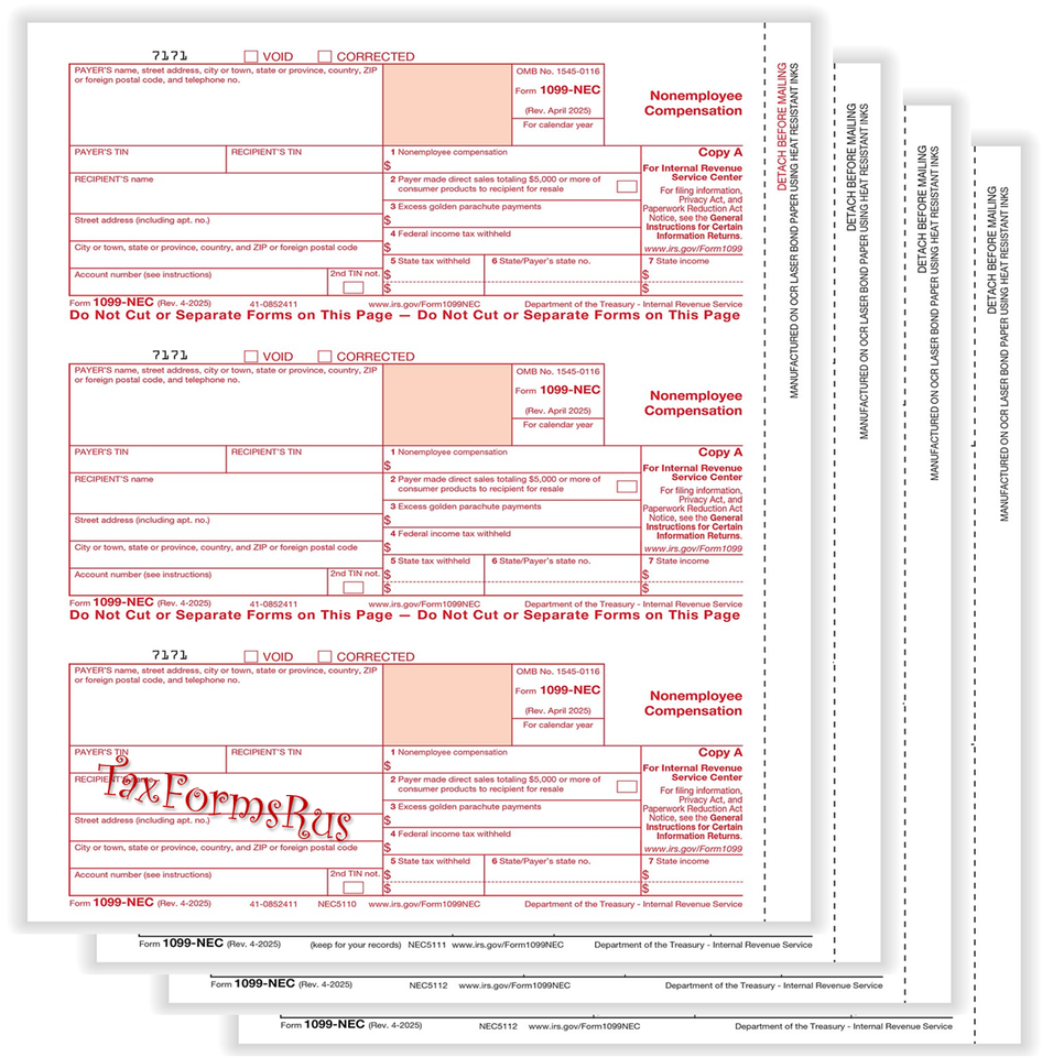 2025 IRS TAX FORMS KIT: 1099-NEC 6 recipients +envelopes + (1)1096 ...