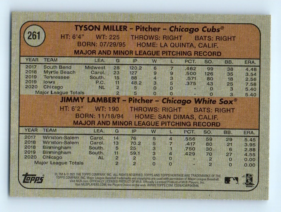 2021 Topps Heritage Jimmy Lambert/Tyson Miller Rookie Chicago White Sox ...