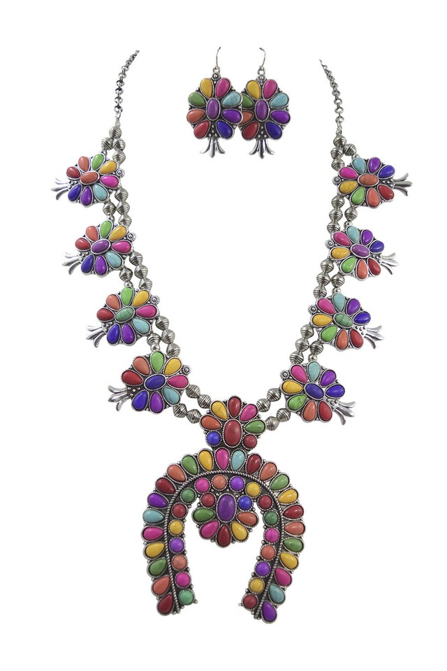 Western Multi Color stone Large Squash Blossom Statement Necklace ...