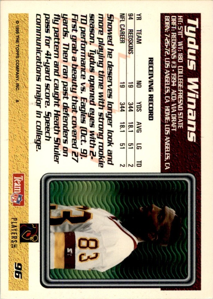 1995 Topps Tydus Winans Washington Redskins #96 | eBay