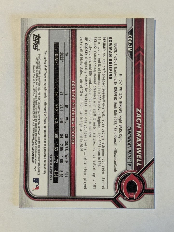 2022 1st Bowman Draft Chrome RC AUTO Zach Maxwell! Cincinnati Reds ...