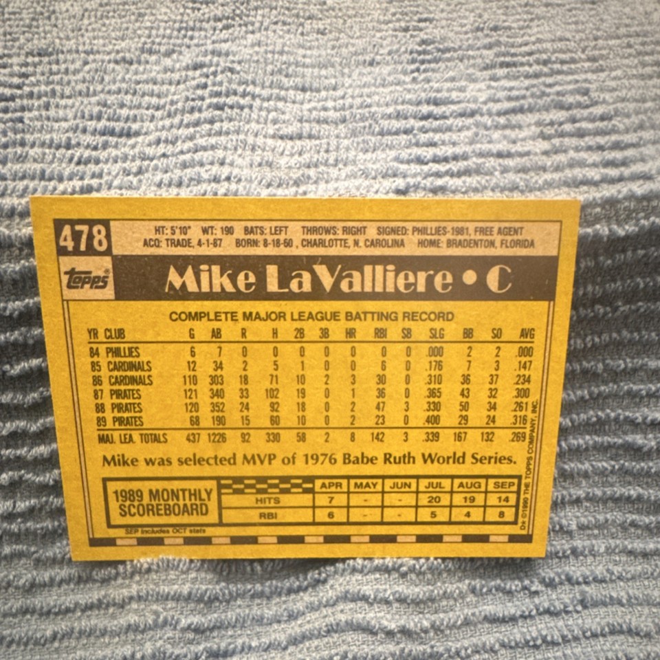 Topps Mike LaValliere Pittsburgh Pirates #478 1989 Base Set Baseball ...