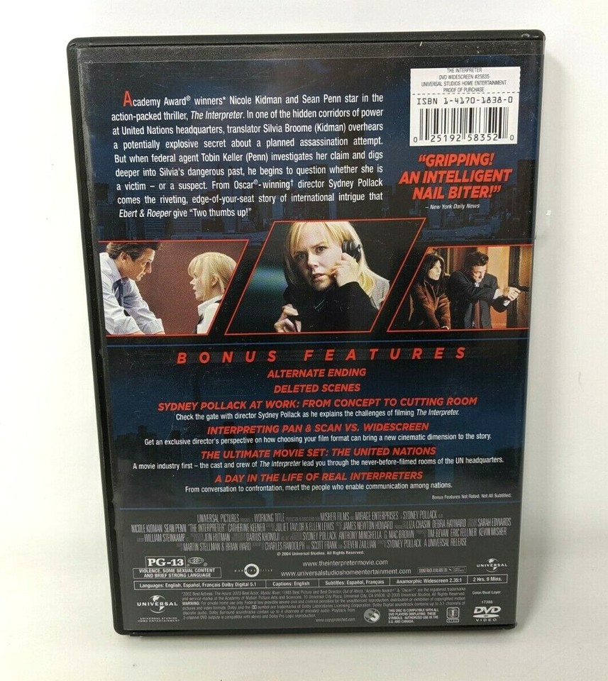 The Interpreter (DVD, 2005, Widescreen) Sean Penn Nicole Kidman ...
