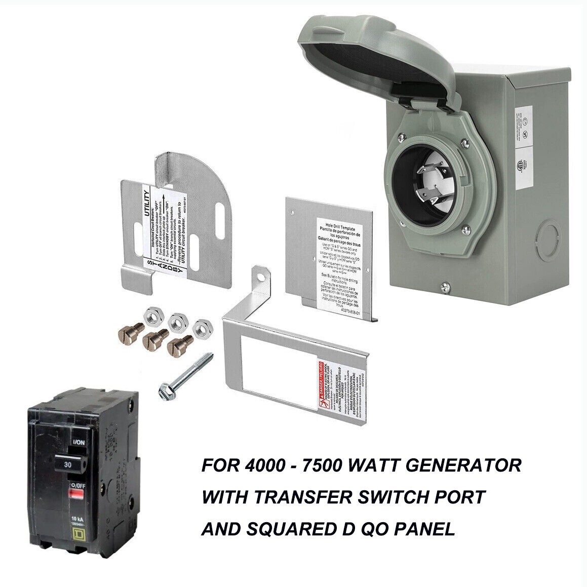 4000-7500 Watt Generator Interlock Kit w/ 30A Inlet Box for Square D QO ...