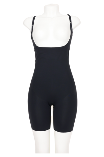 Spanx L140610 Thinstincts Open-Bust Mid-Thigh Shaping Black Bodysuit ...