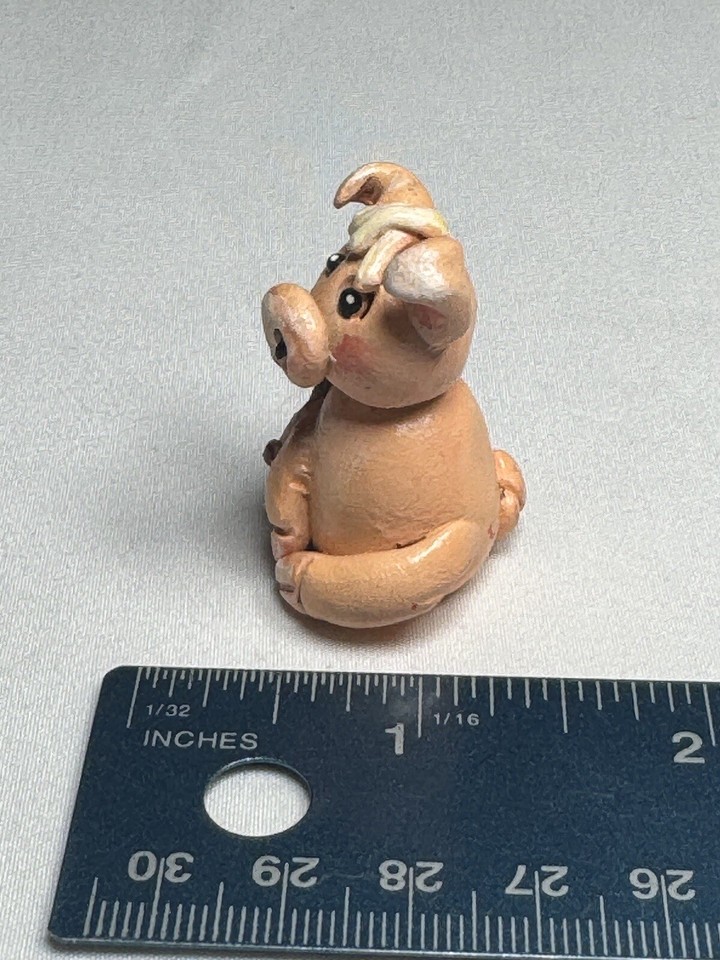 Vintage Clay Sculpt Miniature Sitting Pig Figurine Happy W/Bow Spring ...
