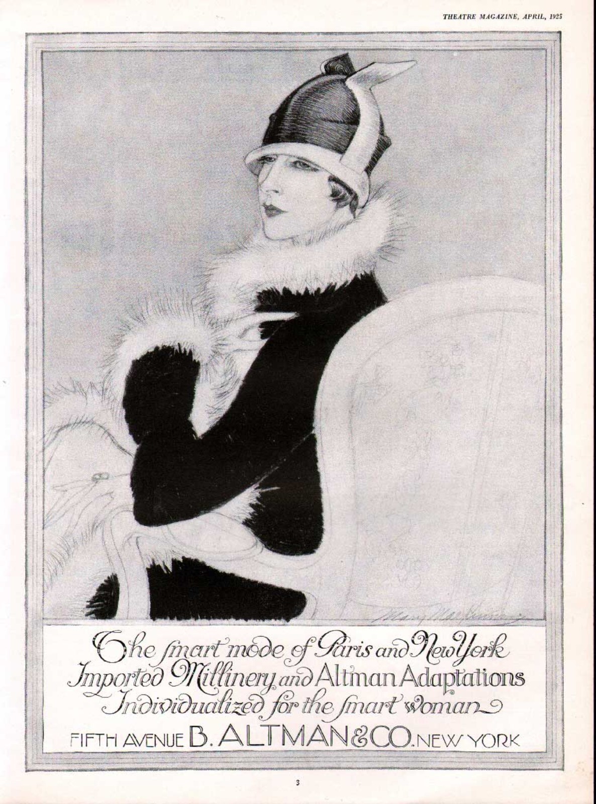 1925 B ALTMAN WOMAN FASHION FLAPPER MILLINERY FUR MARY MACKINNON ART AD ...