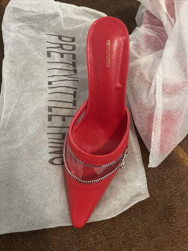 Red Pointy toe vinyl stiletto heeled mule with zipper detail. | eBay