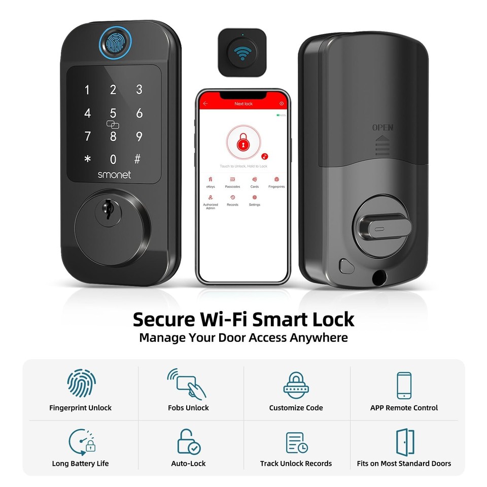 Smart Locks WiFi Deadbolt: SMONET Fingerprint Front Door Lock Keyless ...