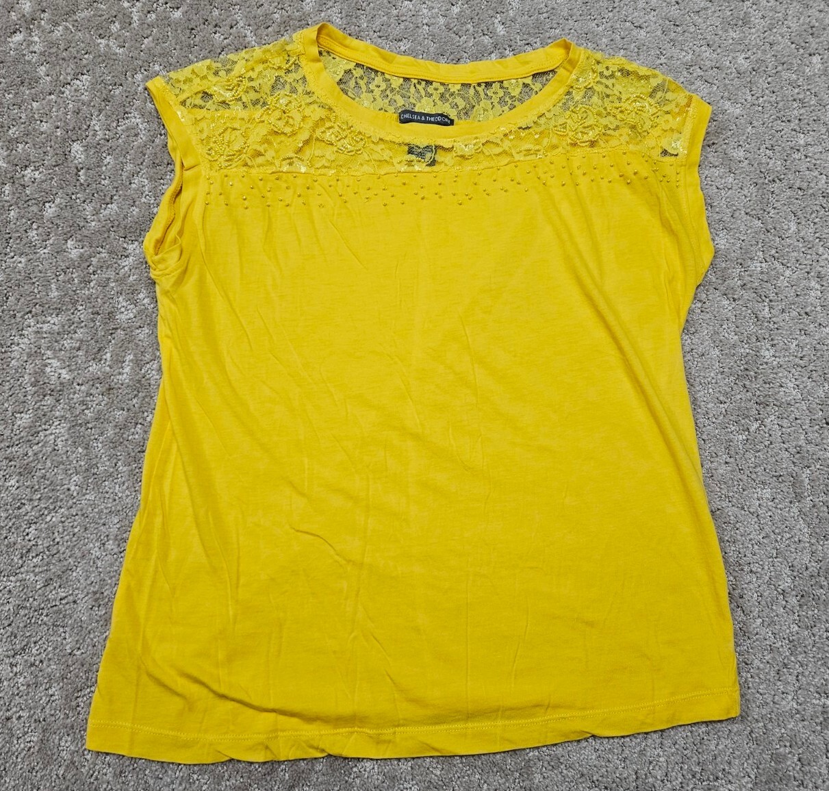 CHELSEA & THEODORE Top Womens SIZE S Yellow Cap Sleeve Lace Beaded ...