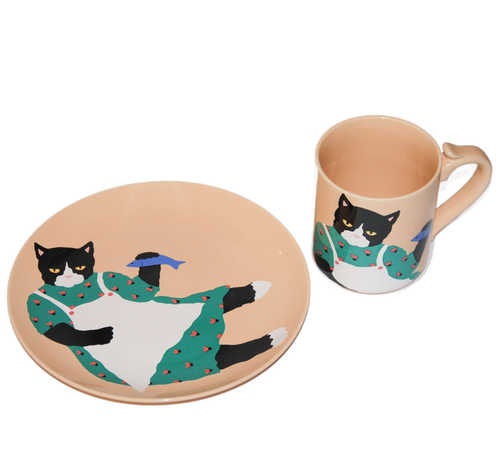 1988 Paris Bottman Design Cat with Fish Coffee Mug and Plate Made in ...