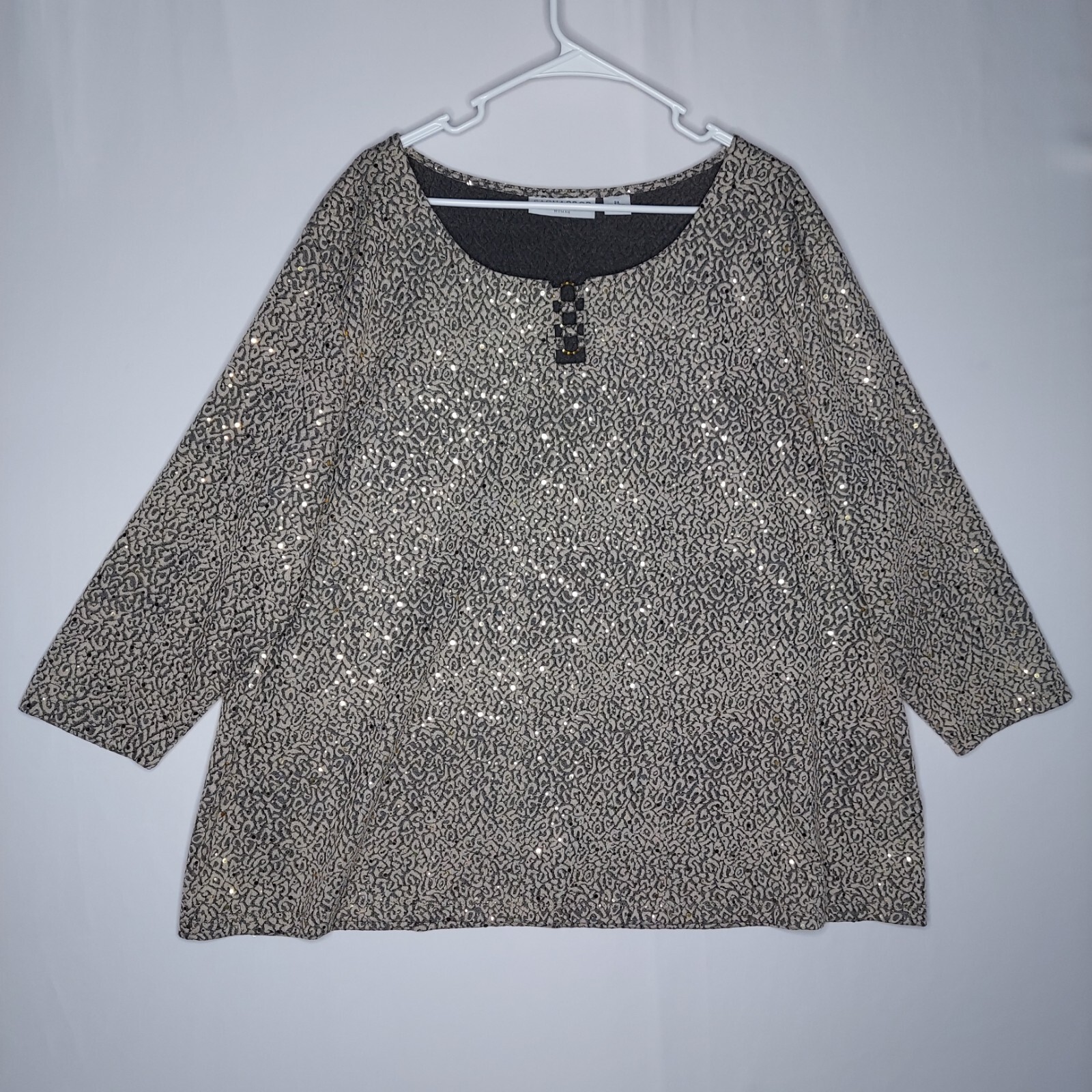 Sag Harbor Top 3X Women Gold Sequin Stretch Knit Keyhole 3/4 Sleeve ...