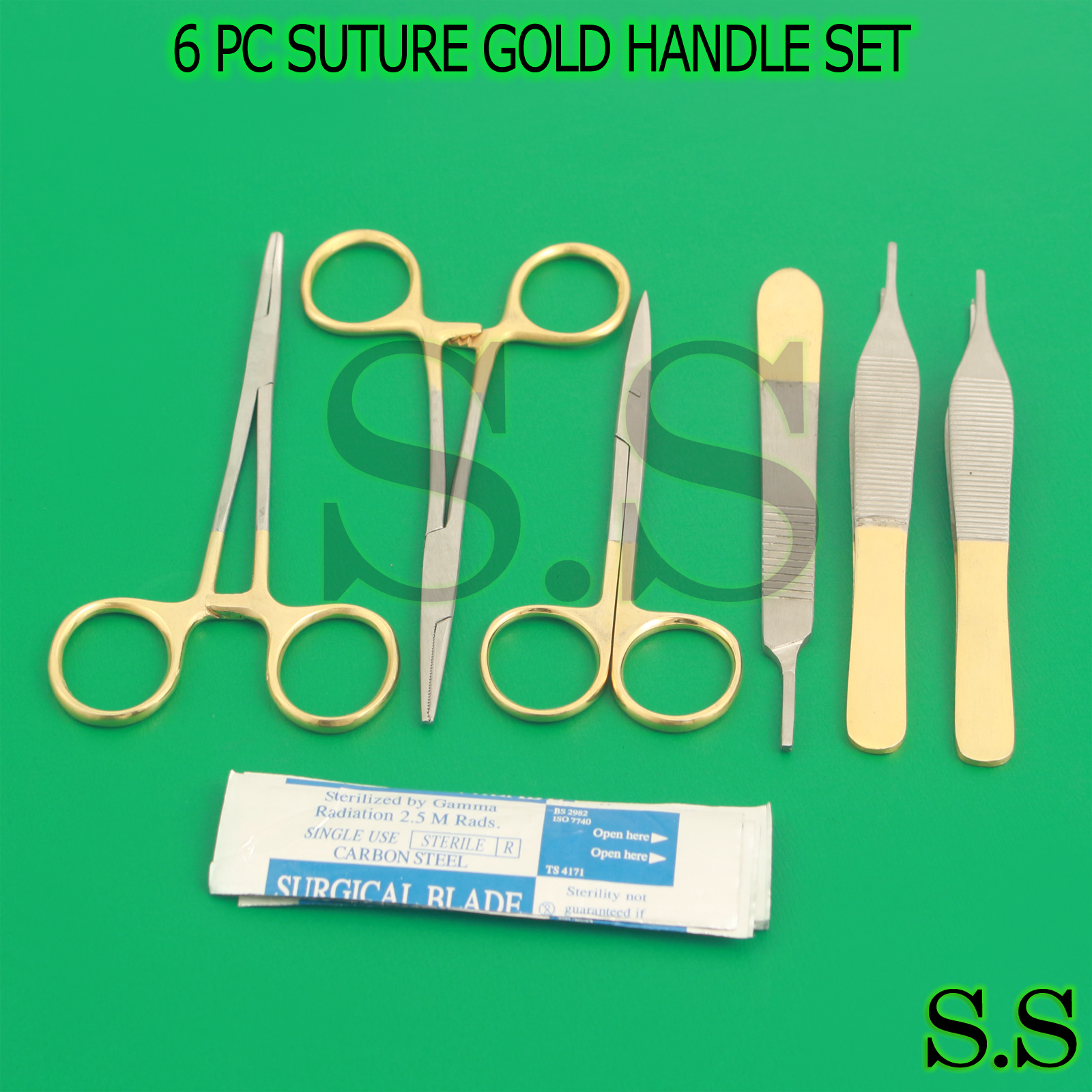 6 PC SUTURE GOLD HANDLE LACERATION SURGICAL INSTRUMENTS SET KIT+5 BLADE ...