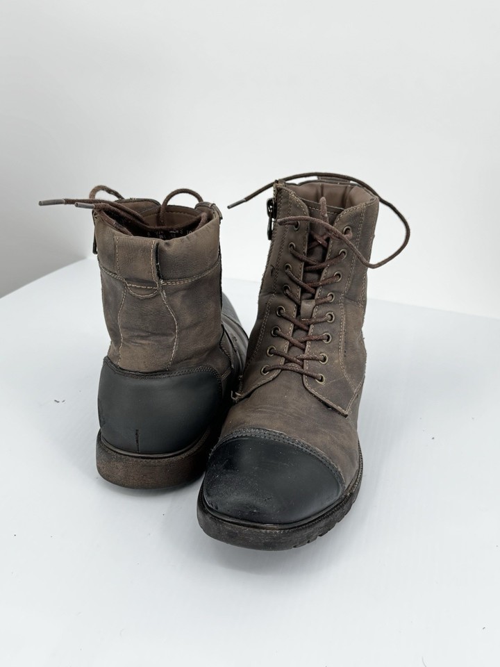 Dockers Men’s 10M Combat Boots Brown Cap Toe Lace-Up Zip Leather Look ...