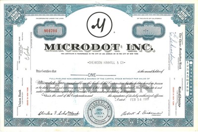 Microdot Inc 1961 Pasadena, California old stock certificate share | eBay