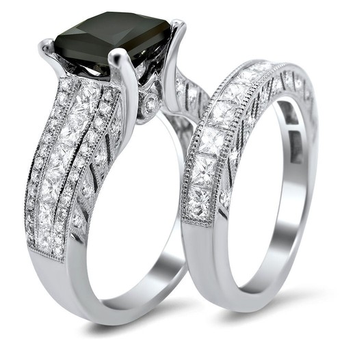 3.34 Ct Lab Created Black Diamond Bridal Set Sterling Silver Engagement ...