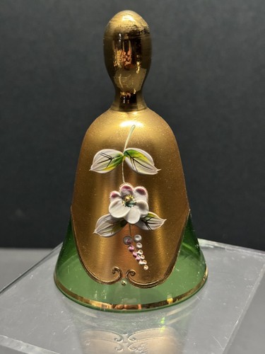 Czech Bohemian Glass Bell Vintage Emerald Green Gold Enameled Flowers ...
