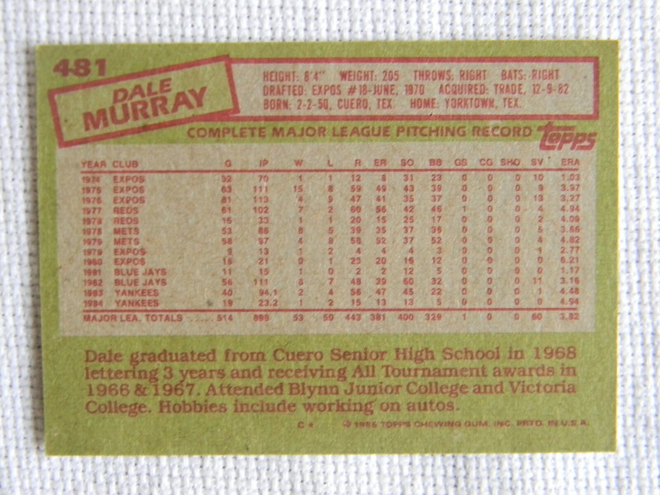 Dale Murray #481 N.Y. Yankees 1986 Topps Chewing Gum-Pre Owned VG ...