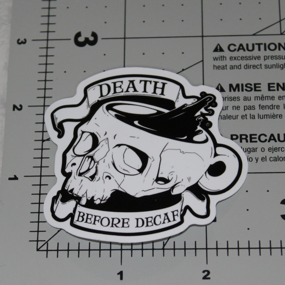 Death Before Decaf Skull Mug Coffee Black White Sticker | eBay
