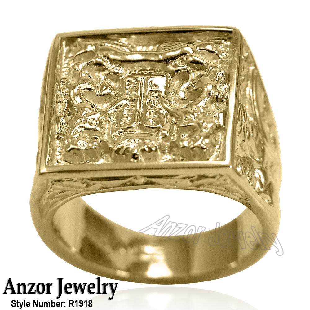 MEN'S Lions Facing The Ten Commandments Ring in 14k Solid Yellow Gold # ...
